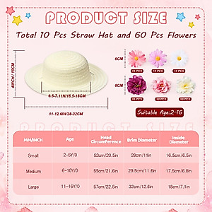 Mepase 70 Pcs DIY Straw Hat with Flower Girls Tea Party Straw Hat 10 Straw Hat 60 Airtificial Flower Cowboy Kids Dress Up Hat (Colorful,Small (Age 2-5))