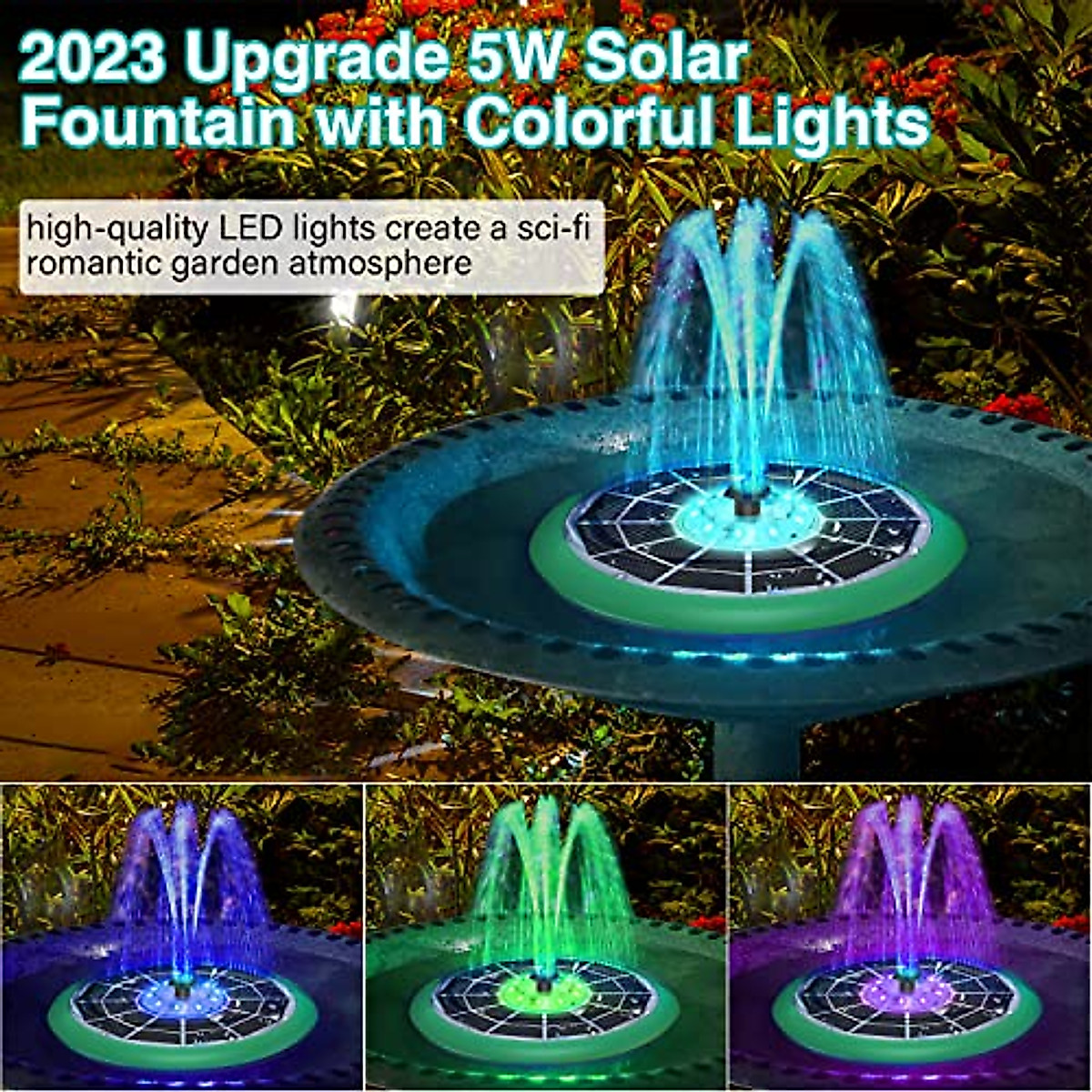 SZMP Solar Fountain 5W Bird Bath Fountains 2023 Upgraded UFO Lights, Solar Powered Fountain Pump with 7 Nozzle & 4 Fixer, 4000 Battery, Solar Fountain Pump for Bird Bath, Garden, Patio, Pond, Outdoor