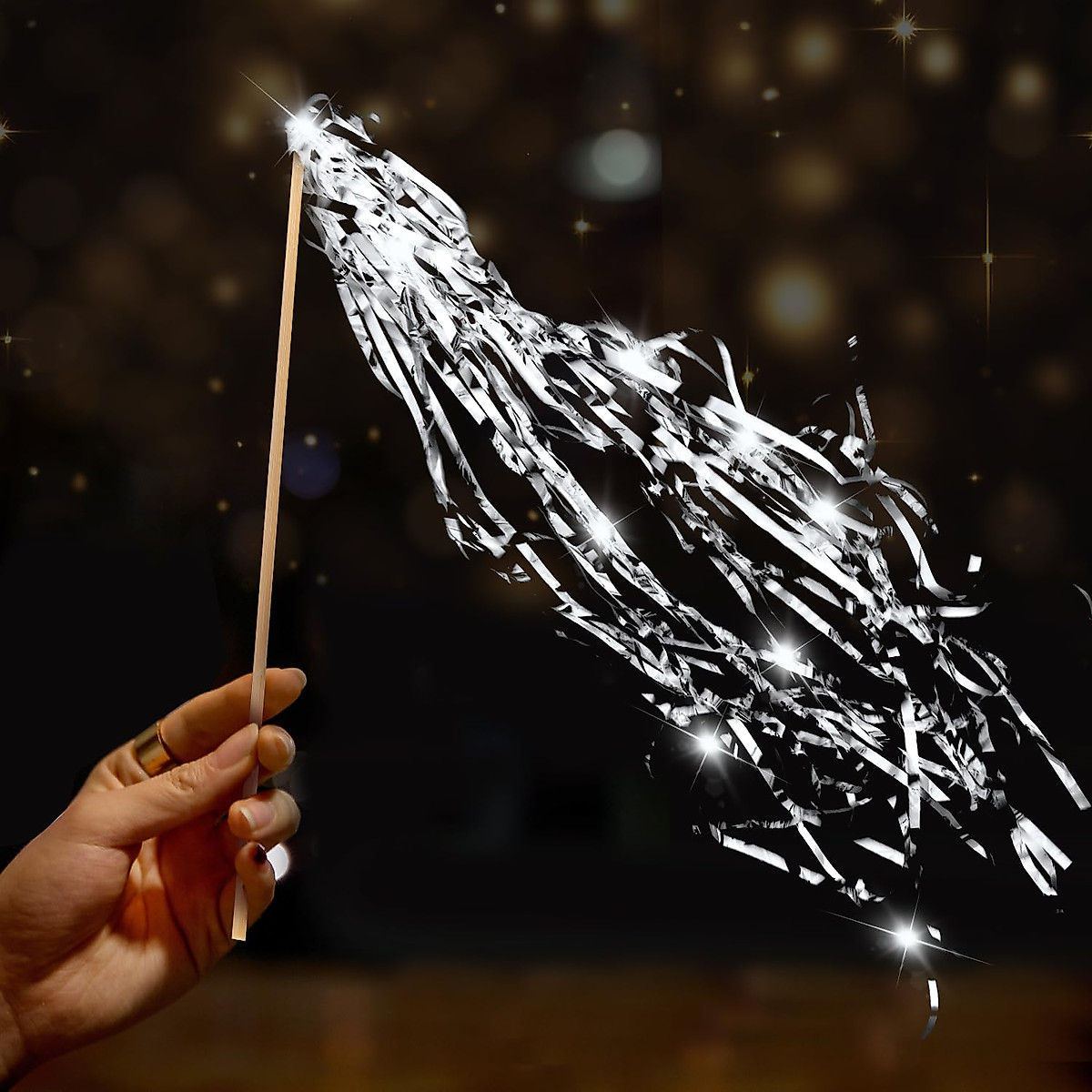 24pcs Lighted Wedding Wands Send off, LED Ribbon Stick with Shiny Foil Tinsel Glitter Hand Light up Streamers for Bridal Baby Shower Birthday Party Celebration (Silver)