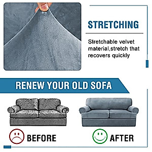 H.VERSAILTEX Sofa Cover 3 Piece T Cushion Loveseat Slipcovers Thick Velvet Couch Cover Stretch T Cushion Sofa Covers for 2 Cushion Couch with 2 Individual T Cushion Covers Washable, Stone Blue