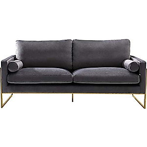 Meridian Furniture Mila Collection Modern | Contemporary Velvet Upholstered Sofa with Durable Stainless Steel Base in Rich Gold Finish, Grey, 80" L x 36.5" D x 35" H