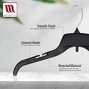 Mainetti 484 Recycled Black Plastic Hangers - 200 Pack with Rotating Metal Hook and Notches for Straps, Great for Shirts/Tops/Dresses, 17-Inch