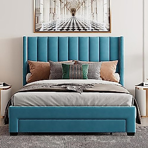 OTRIEK Queen Size Velvet Upholstered Platform Bed Frames with Large Storage Drawer, Mid-Century Modern Royal Platform Bed with Headboard, Sturdy Wood Slat Support for Bedroom Boys Girls (Blue)