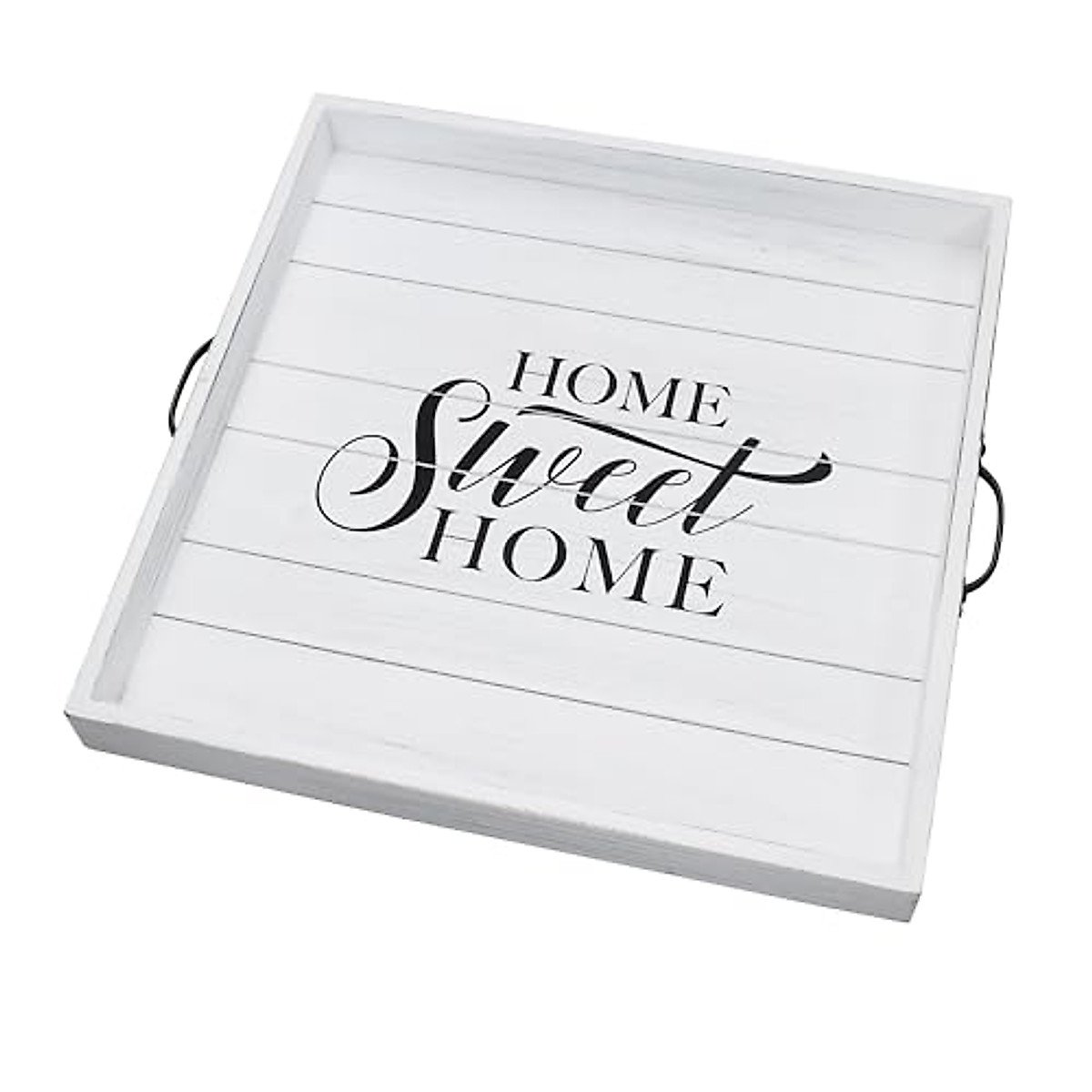 Stonebriar Square Worn White Home Sweet Home Decorative Wooden Tray with Metal Handles