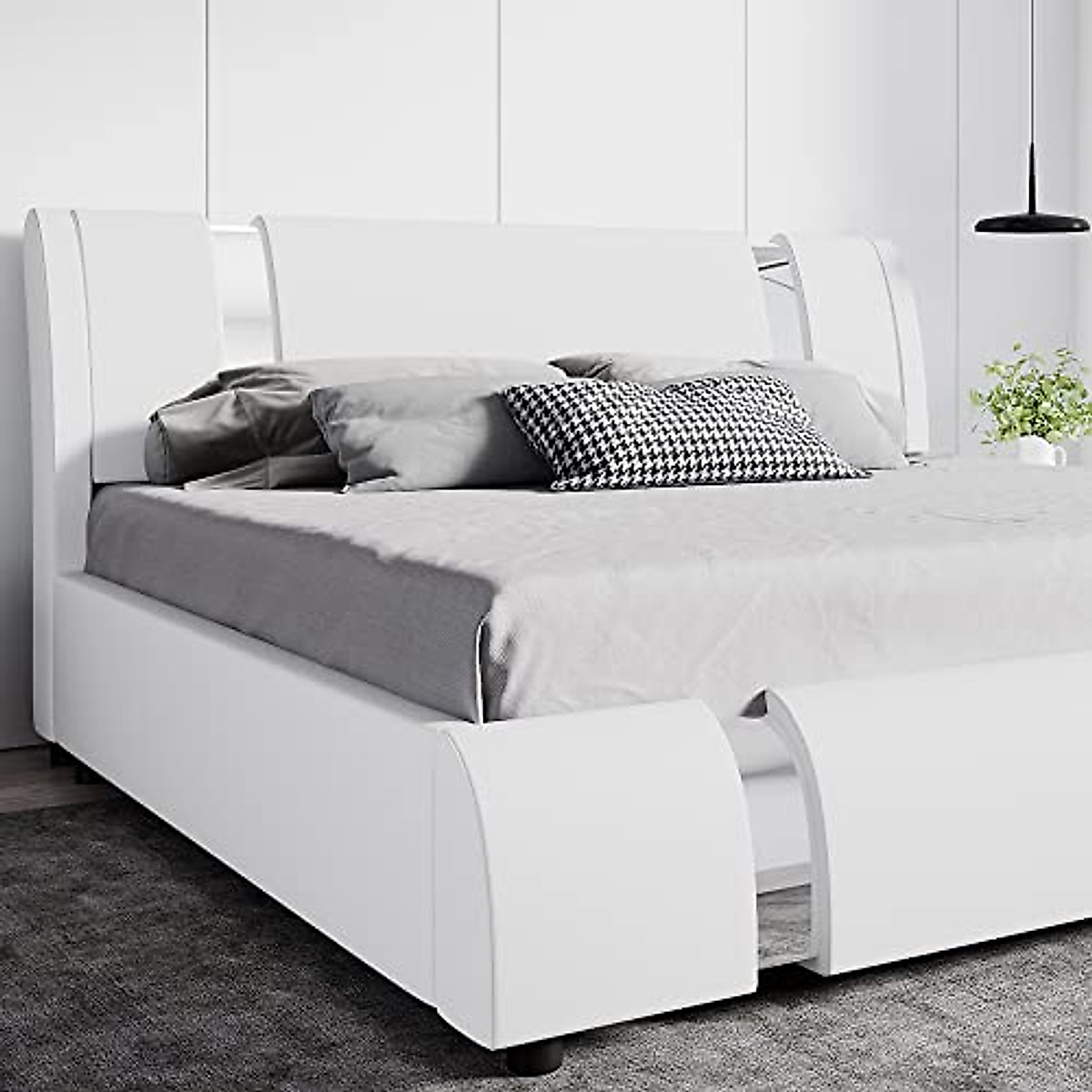 SHA CERLIN Full Size Bed Frame with Iron Pieces Decor and Adjustable Headboard/Deluxe Upholstered Modern Platform Bed with Solid Wooden Slats Support/No Box Spring Needed, White