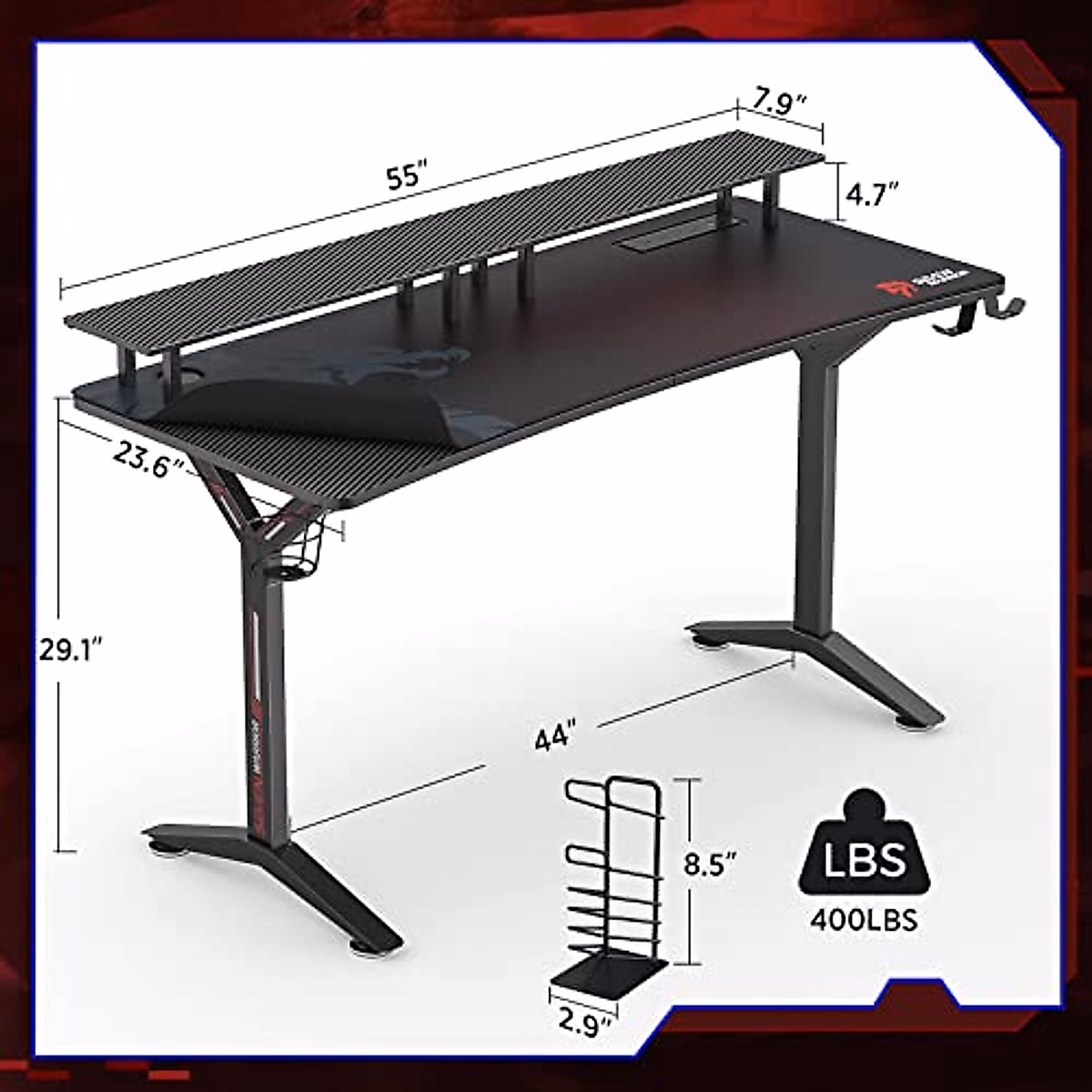 SEVEN WARRIOR Gaming Desk 55INCH with LED Lights & Power Outlets, Carbon Fiber Surface Computer Gamer Desk with Full Desk Mouse Pad, Ergonomic Y Shaped Leg Gamer Table with Monitor Stand
