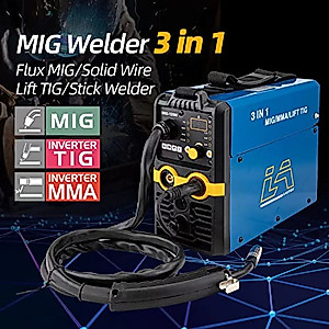 LASTON MIG-135M 110V MIG Welder 3 in 1, 130Amp Flux Core Welder Flux MIG/MMA Welder/Lift TIG,ARC Stick Welder IGBT Digital Display LCD Welding Machine with Electrode Holder, Work Clamp