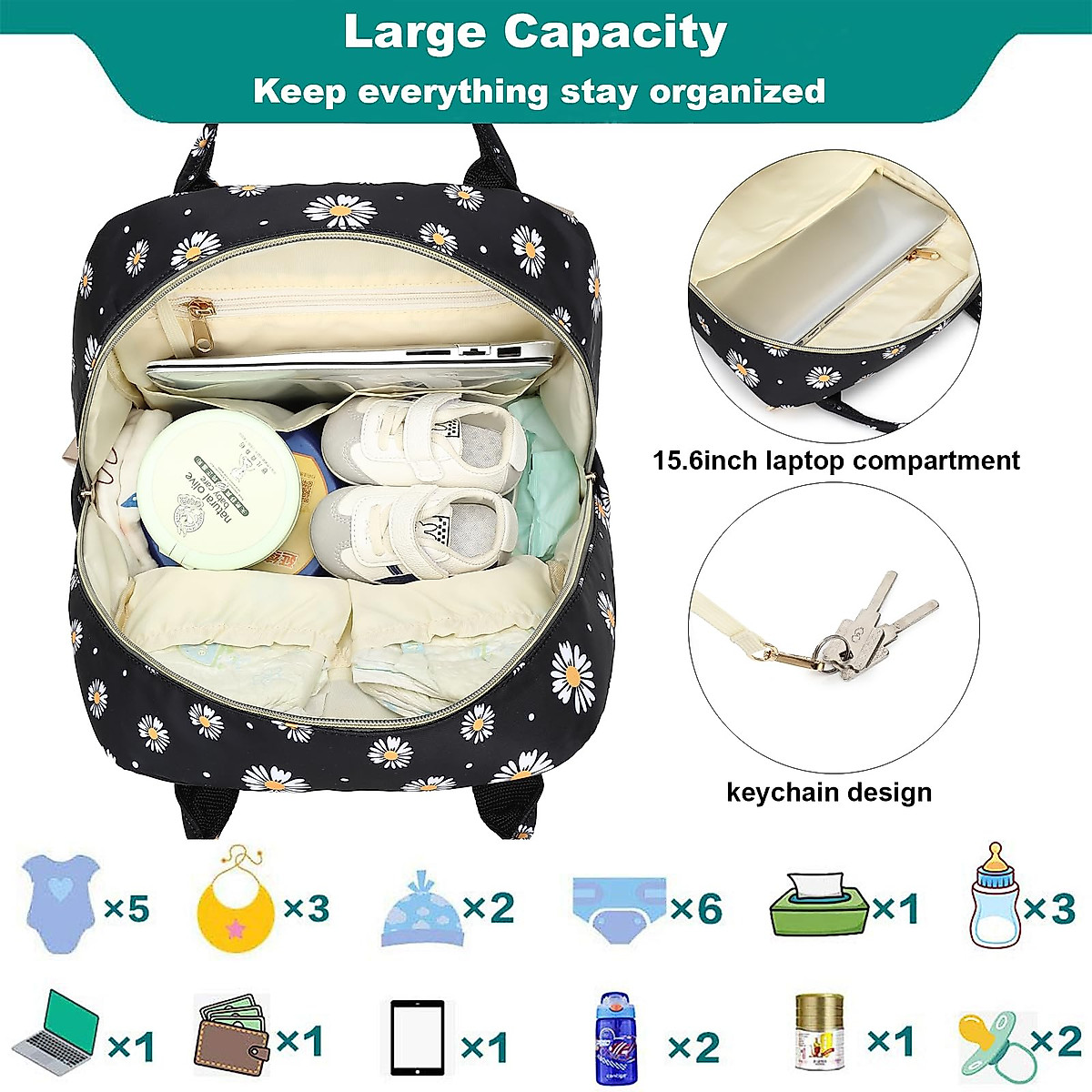 Kouxunt Cow Print Diaper Bag Backpack for Baby Girls Boys, Waterproof Maternity Nappy Backpacks with Stroller Straps Luggage Strap for Moms