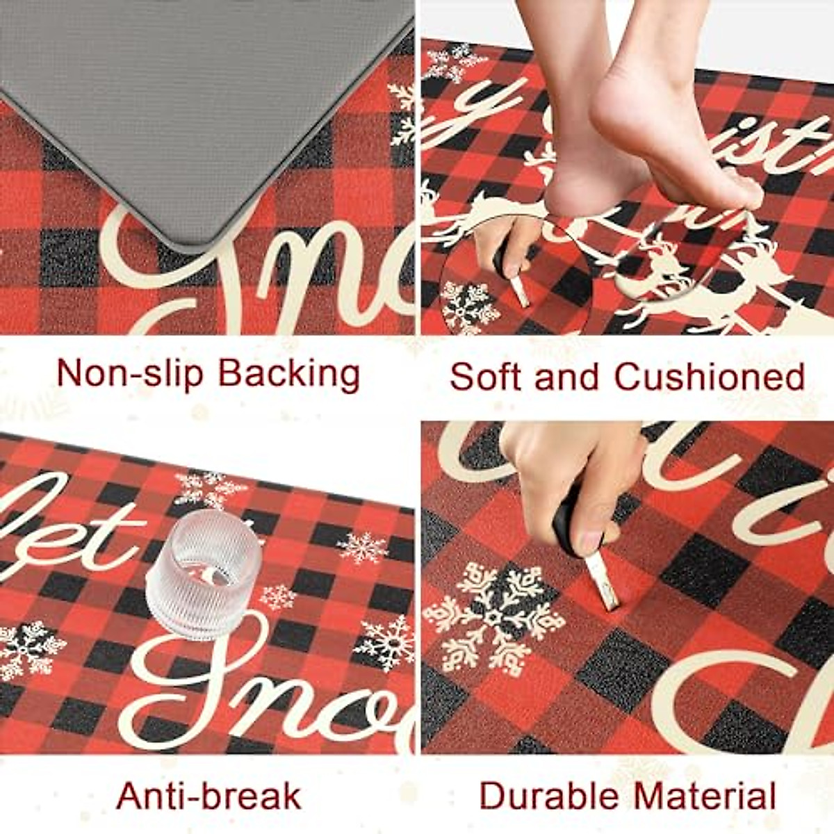 Ileading Buffalo Plaid Merry Christmas Kitchen Mats Set of 2 Let It Snow Anti Fatigue Kitchen Mats for Floor Snowflake Winter Holiday Area Rug Cushioned Standing Desk Mat for Home Kitchen Floor