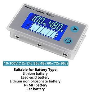 ALMOCN 10-100V Battery Monitor LCD 12V 24V 36V 48V Digital Battery Capacity Voltmeter Tester Percentage Level Voltage Temperature Monitor Meter with Cable