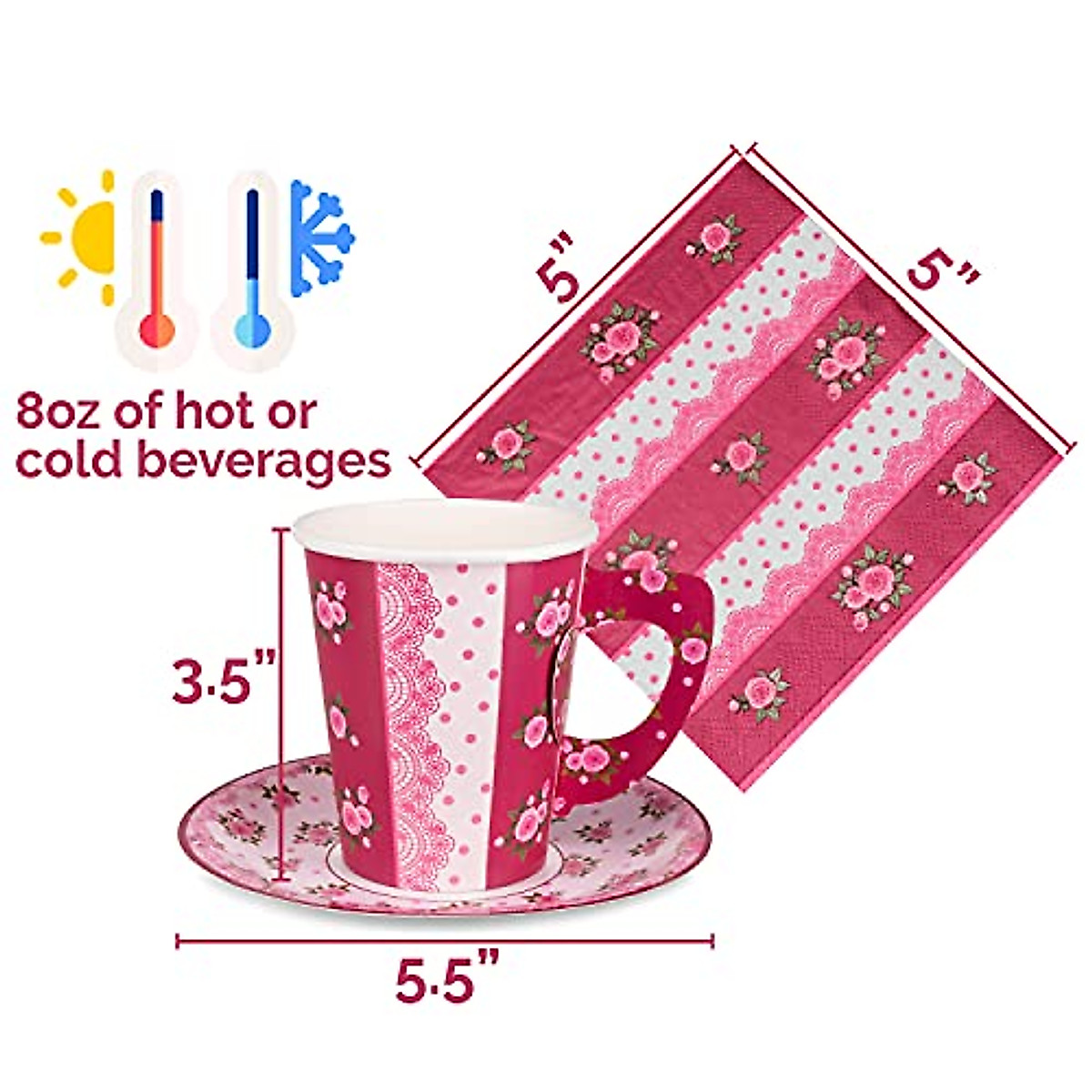 Royal Bluebonnet Rose Paper Tea Cups for Tea Party - 24 Disposable Tea Cups, Plates, and Napkins for Hot & Cold Drinks great for Easter, Mother's Day, Princess and Spring Little Girls Parties