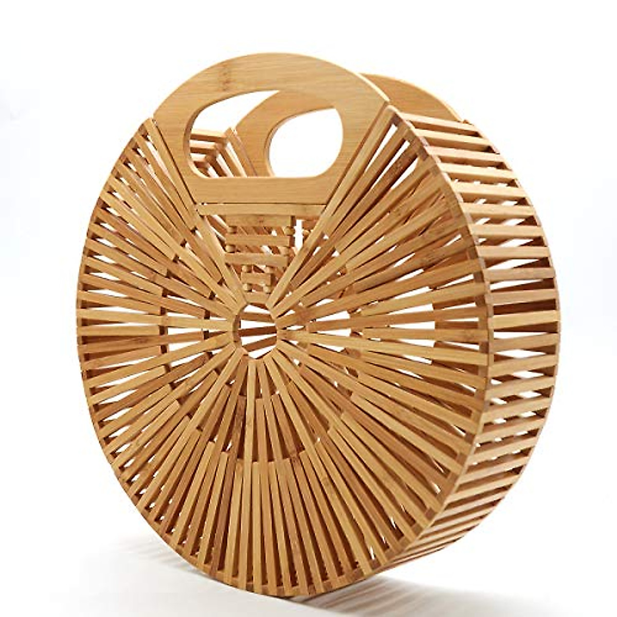 Miuco Women Bamboo Top-Handle Handbags Round Straw Beach Tote Bag Small