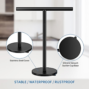 PUWWOT T-Shape Hand Towel Holder Stand with Large Suction Cup Base, Free Standing Hand Towel Rack for Bathroom or Kitchen Countertop, Stainless Steel (Black)