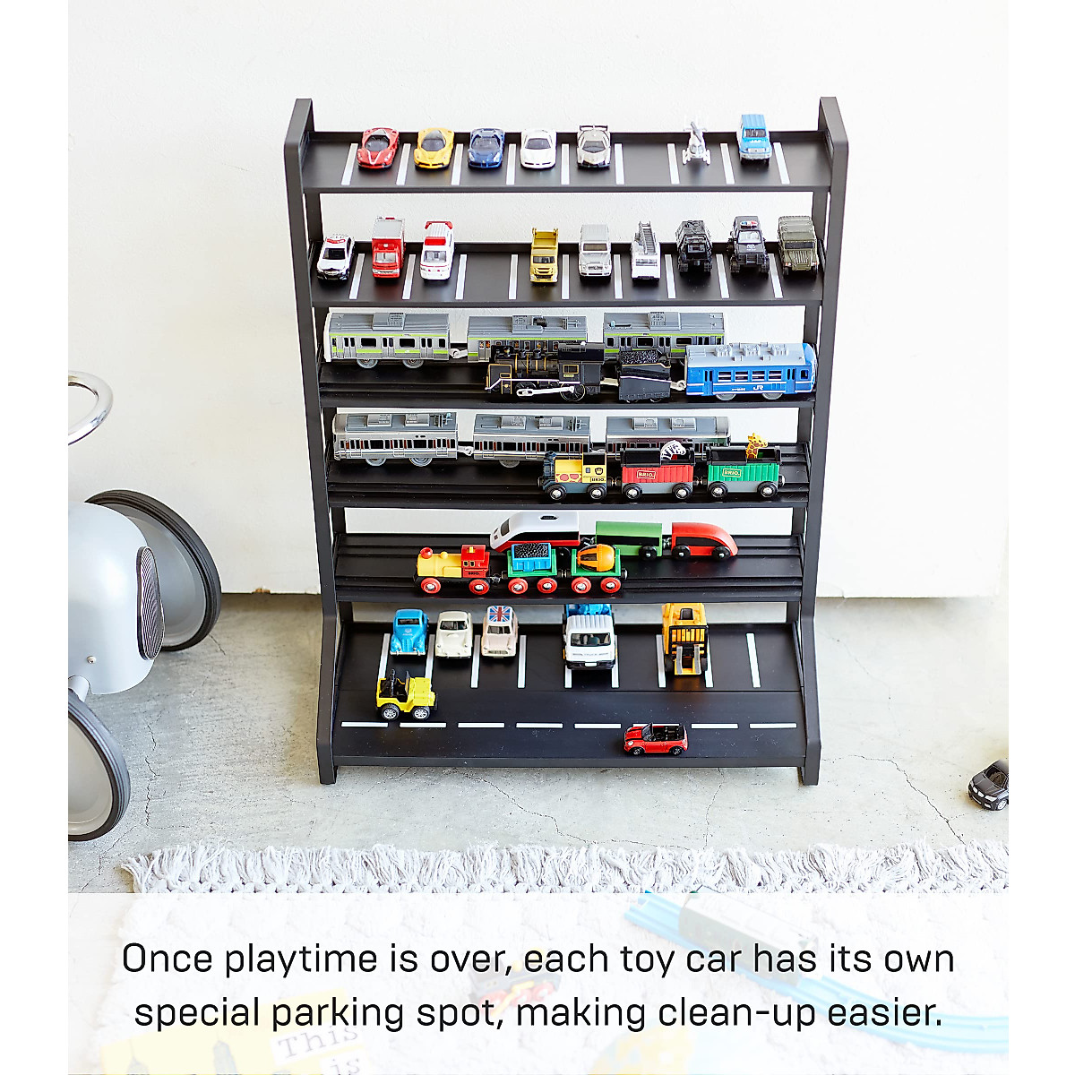 YAMAZAKI Parking Garage Home Train Hotwheels Model Car Display | Kids Steel | Toy Storage, One Size, Black