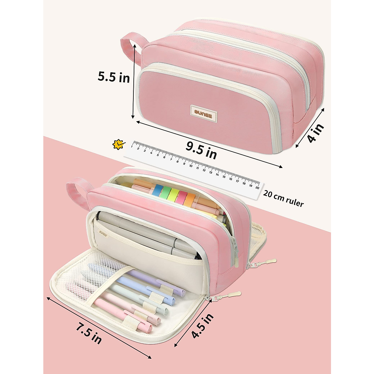SUNEE Cute Pencil Case, Aesthetic Pen Pouch with 3 Compartments, Kawaii Colored Large Pencil Bag with Zipper, Stationery Storage and Organizer, Pink School Supplies for Teen and Adult Girls