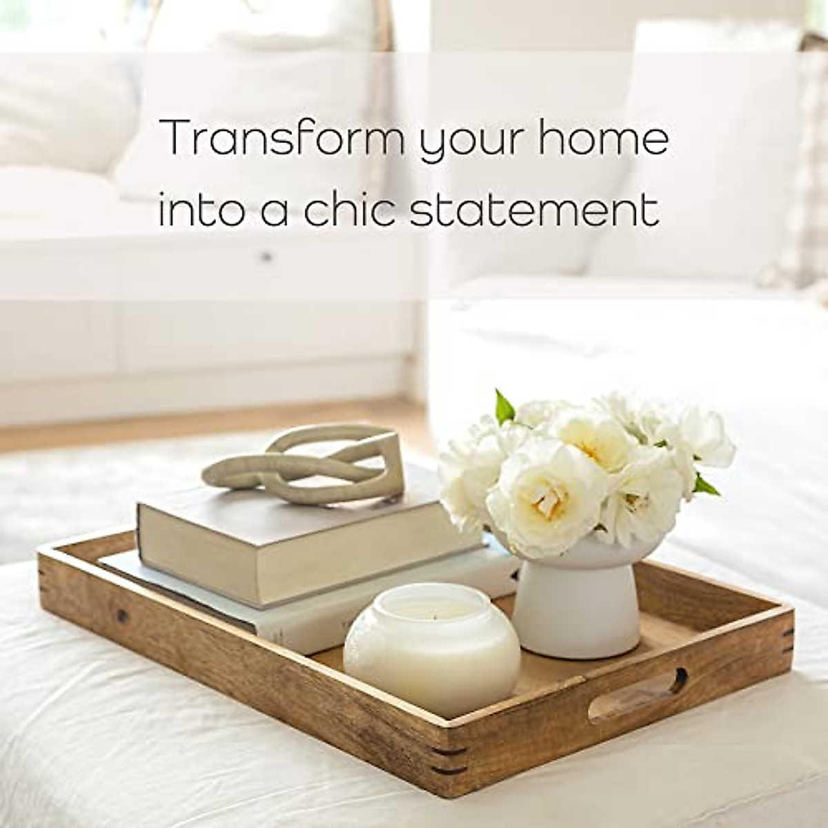 Otucha Large Ottoman Tray, 20 x 14 inches, Real Wood Large Serving Tray with Handles, Sturdy Design, Decorative Tray for Coffee Table (Natural)