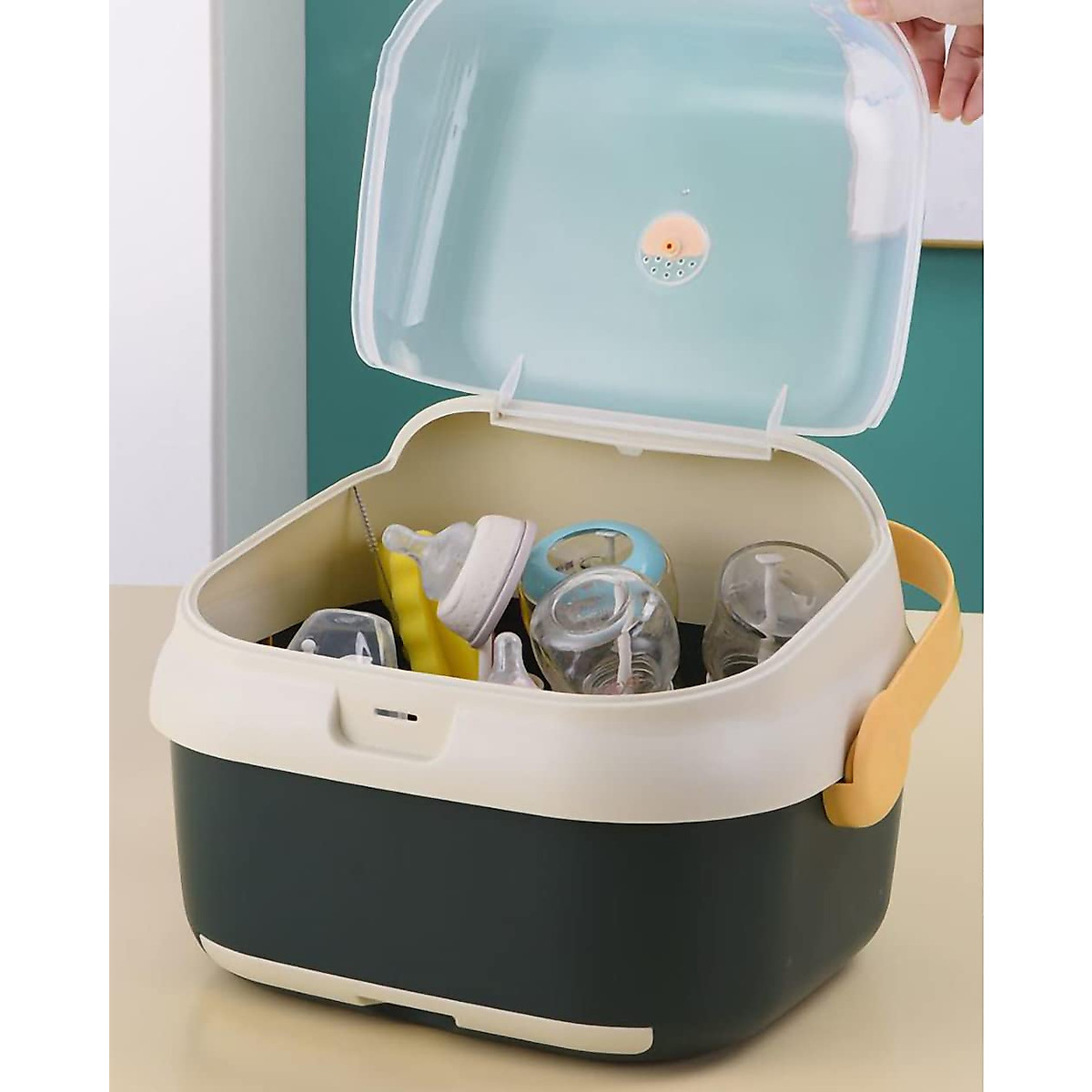 Baby Bottle Drying Rack Container with Drainer, Portable Nursing Cutlery Box Container with Cover, Bottle Holder for Baby and Toddler, Portable Kitchen Cabinet Organizer, Easy to Clean Drainer (White)