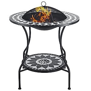 Outsunny 30" Outdoor Fire Pit & Ice Bucket & Side Table, Round Tile Tabletop, Steel Wood Burning Bowl, Spark Screen Lid for Patio, Backyard, Patio, Garden, Mosaic