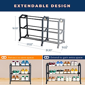 happhom Shoe Rack, 3-Tier Expandable Shoe Rack for Closet Floor, Shoe Organizer, Space Saver Shoe Shelf with Smart Design, Small Shoe Rack for Entryway, Cabinet and Small Spaces, Dark Grey (CSR-02)