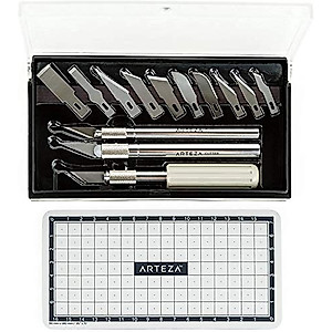 Arteza Hobby Knife Kit, Set of 17 Pieces Including 13 Steel Blades, Precision Knives with Precision, Trimming, and Cutting Handles, and Cutting Mat, Craft Supplies for Stenciling, Sewing, and Baking