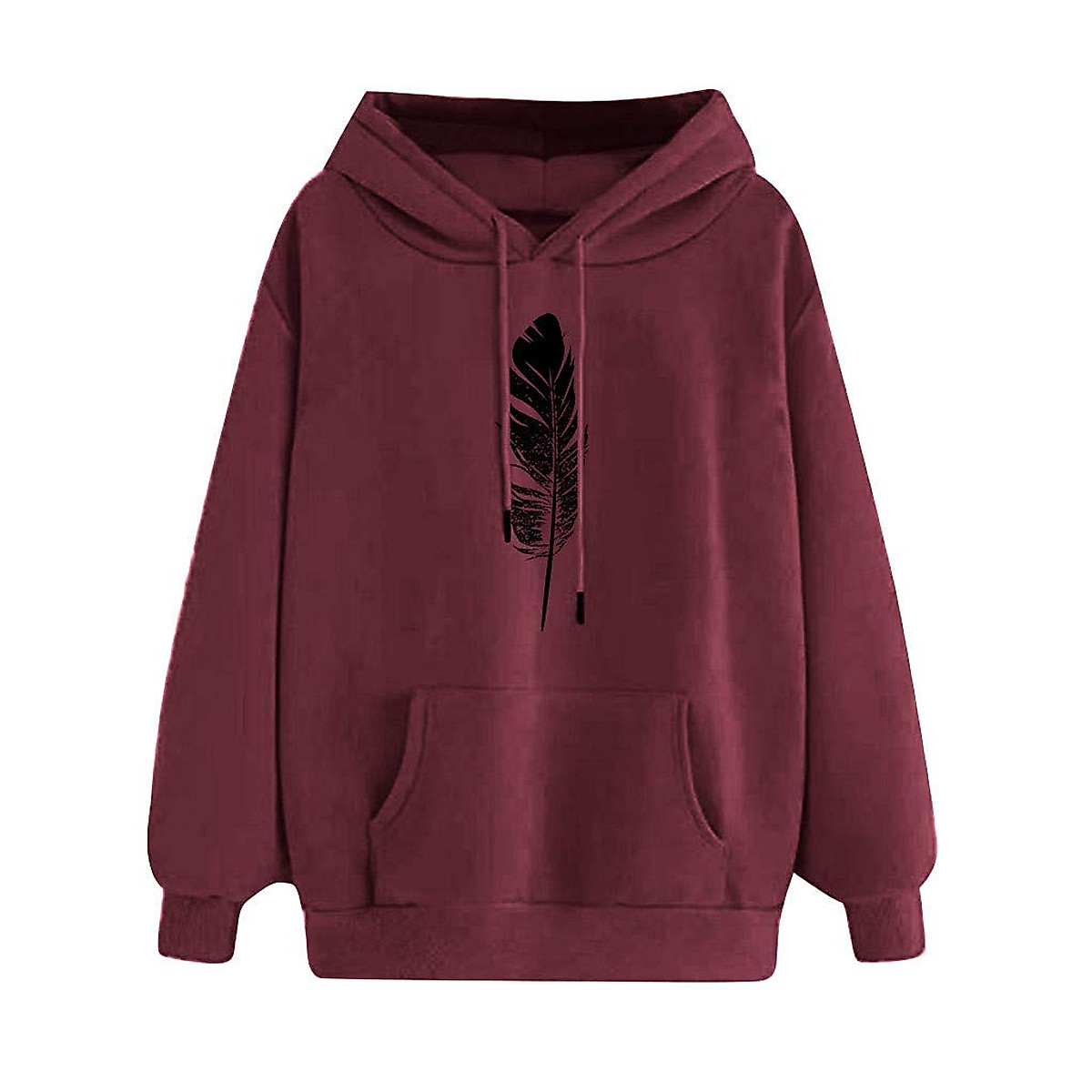 Women Casual Hoodies Hooded Sweatshirts Long Sleeve Hooded Pullover with Front Pocket Solid Pullover Hoodies Wine
