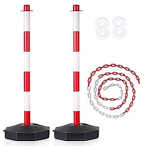[2 Pack] Traffic Delineator Post Cones with Fillable Base, Portable Parking Pole Barrier with 8ft Chain, Traffic Safety Delineator for Parking Lot, Construction Lot (Red & White)