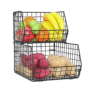 X-cosrack Fruit and Vegetable Basket,2-Tier Wall-mounted & Countertop Tiered Storage Baskets for Potato Onion Storage,Stackable Kitchen Wire Baskets for Fruit Veggies Produce Snack Canned Foods,Black