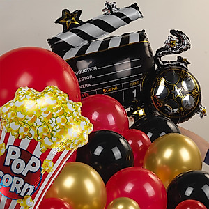 Movie Night Themed Balloon Garland Arch Set 119pcs Red Black Gold with Mylar Camera Stars Popcorn Movie Clapperboard Balloons for Birthday Movie Theme 2025 Graduation Party Decorations