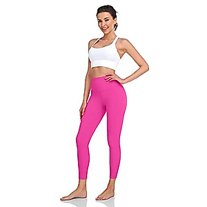 HeyNuts Pure&Plain 7/8 High Waisted Leggings for Women, Athletic Compression Tummy Control Workout Yoga Pants 25'' Sonic Pink L(12)