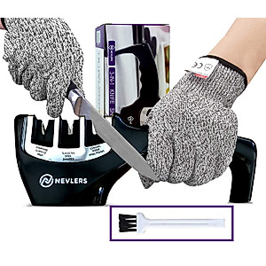 Nevlers 3 in 1 Kitchen Knife Sharpener with Cut Resistant Gloves | Knife Sharpeners for Kitchen Knives Preps, Repairs, Sharpens | Blade Sharpener with Diamond, Ceramic & Tungsten Steel Slots (Black)