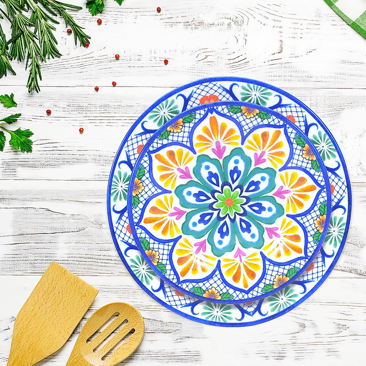 Melamine Dinnerware sets: Bisphenol A-free,Dishwasher Safe dinnerware sets,Non-breakable melamine plates,Service for 4 (12pcs) plates and bowls sets Ideal for indoors and outdoors Picnic, Camping.