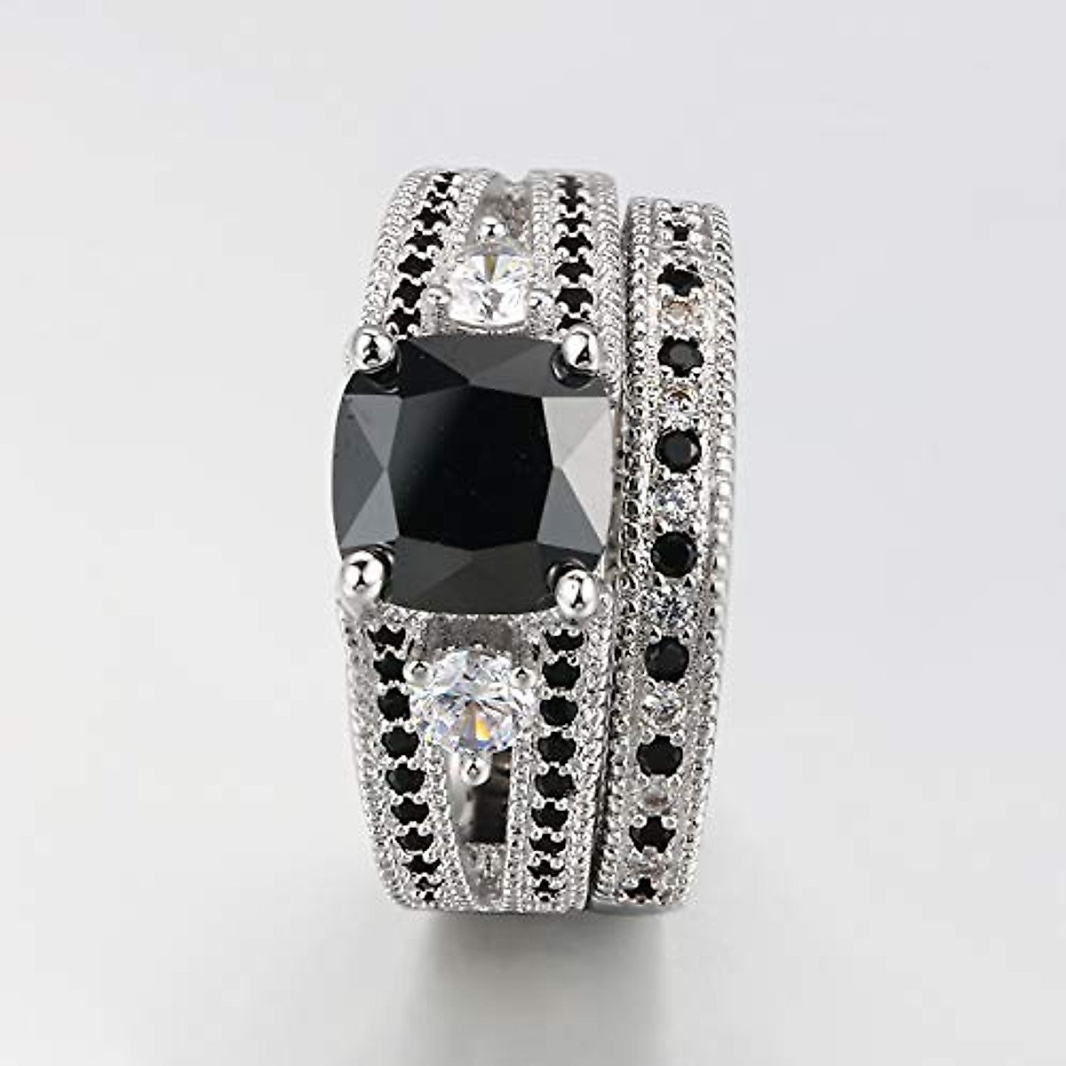 Double Fair White or Black Gold Plated Cushion Cut Black CZ Stone Engagement Promise Anniversary Ring Sets For Women (Silver, 8)