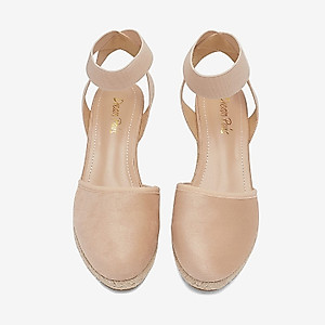 DREAM PAIRS Women's Nude Closed Toe Elastic Ankle Strap Espadrilles Wedge Sandals Size 9.5 M US Amanda-1