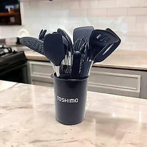 15 Pieces Silicone Kitchen Utensil Set with Holder | Non Slip Stainless Steel Cooking Tool |Spatulas, Spoon, Ladle, Pasta Server, Turner, Tongs, Whisk & More | Heat Resistant 446°F | BPA Free (Black)