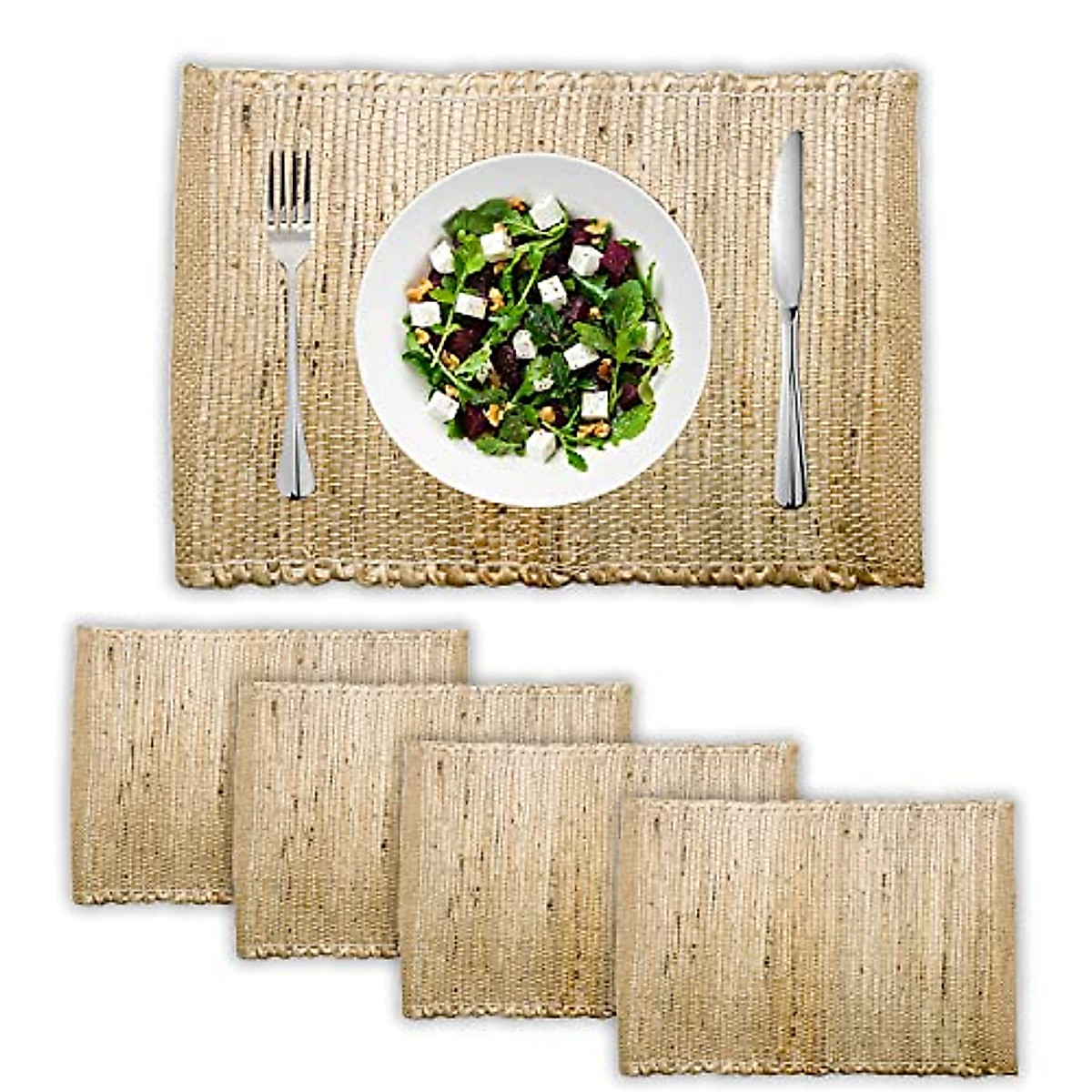 Chardin Home Eco-Friendly Natural Jute/Hemp Placemats 13''x''19, Set of 4 Natural/Beige Table Mats | Perfect for Holidays, Thanksgiving, Christmas, or Everyday Meals
