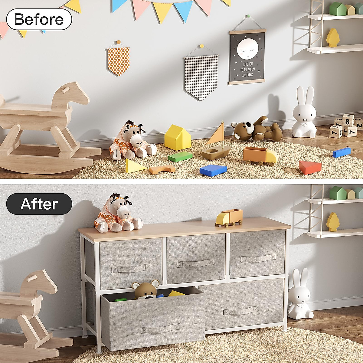 Pipishell Fabric Dresser, Dresser for Bedroom with 5 Drawers, Wide Dresser Storage Tower Organizer Unit with Wood Top and Easy Pull Handle for Closets, Living Room, Nursery Room, Hallway（Light Grey）