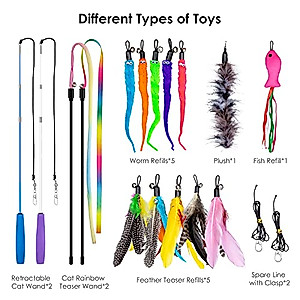 Oziral Cat Feather Toys 18 Pack Interactive Cat Toys Include 2PCS Retractable Cat Wand Toys Cat Rainbow Wand and 10PCS Assorted Cat Teaser Refills with Bell for Indoor Cats Kitten