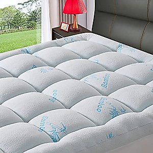 KELTARO Extra Thick Bamboo Mattress Topper Queen Size Bed,Cooling Mattress Pad Cover Plush Soft Noiseless Down Alternative Fill,with 8-21" Deep Pocket