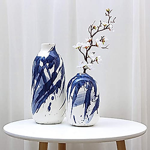 TERESA'S COLLECTIONS Modern Ceramic Vase, Home Decor Accents, Navy Blue and White Vases for Flowers, Decorative Vases for Table Centerpieces, Mantel, Shelf, Living Room -Set of 2, 7.2″ & 11.4″