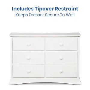 Delta Children Bentley Six Drawer Dresser, White, 49" width x 19" depth x 33.50" height