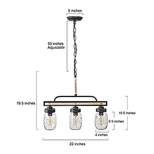 LOG BARN Rustic Mason Jar Chandelier, Farmhouse Lighting Metal Finish, Glass Hanging Pendant for Dining Room, Kitchen Island