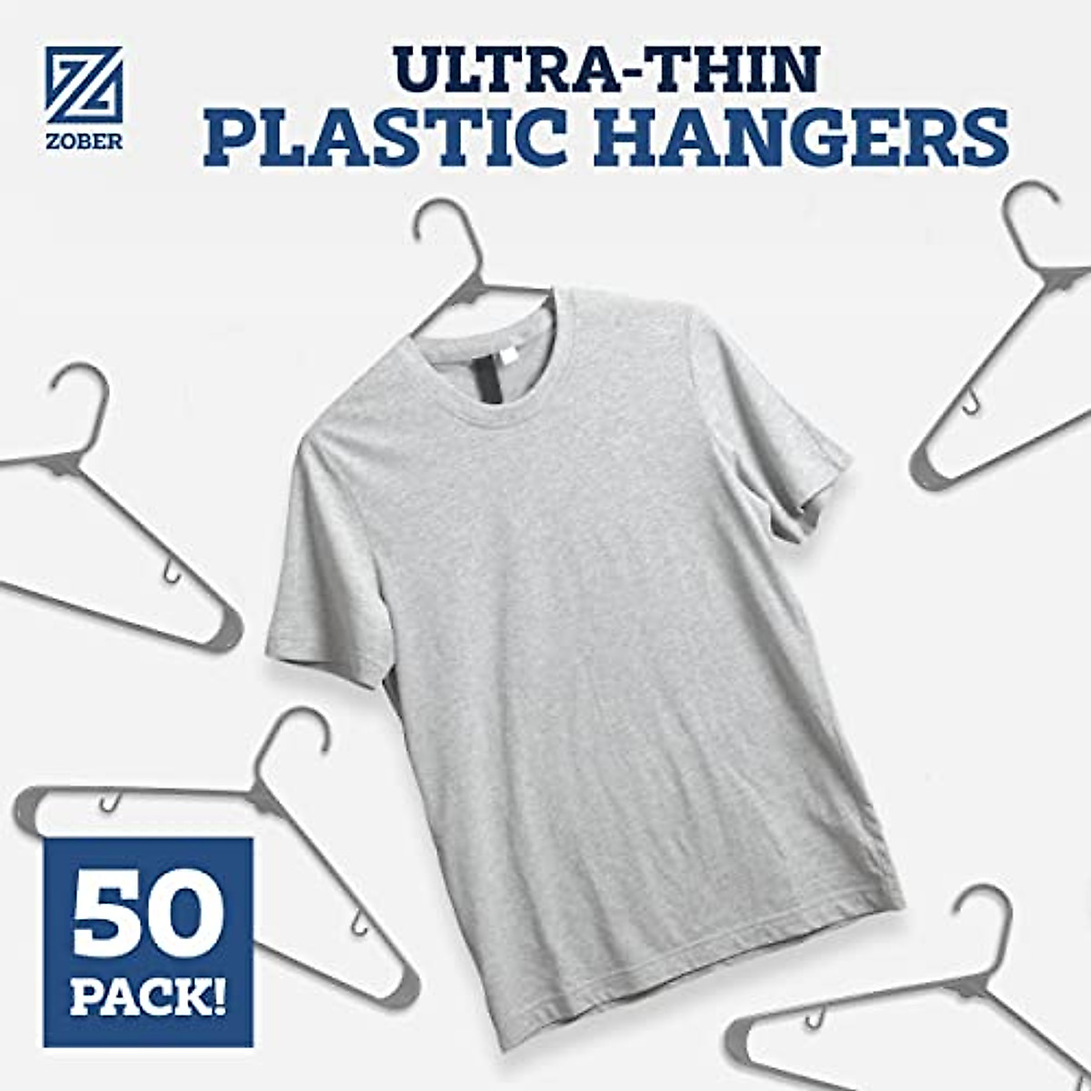 Zober Plastic Hangers 50 Pack - Gray Plastic Hangers - Space Saving Clothes Hangers for Shirts, Pants & for Everyday Use - Clothing Hangers with Hooks