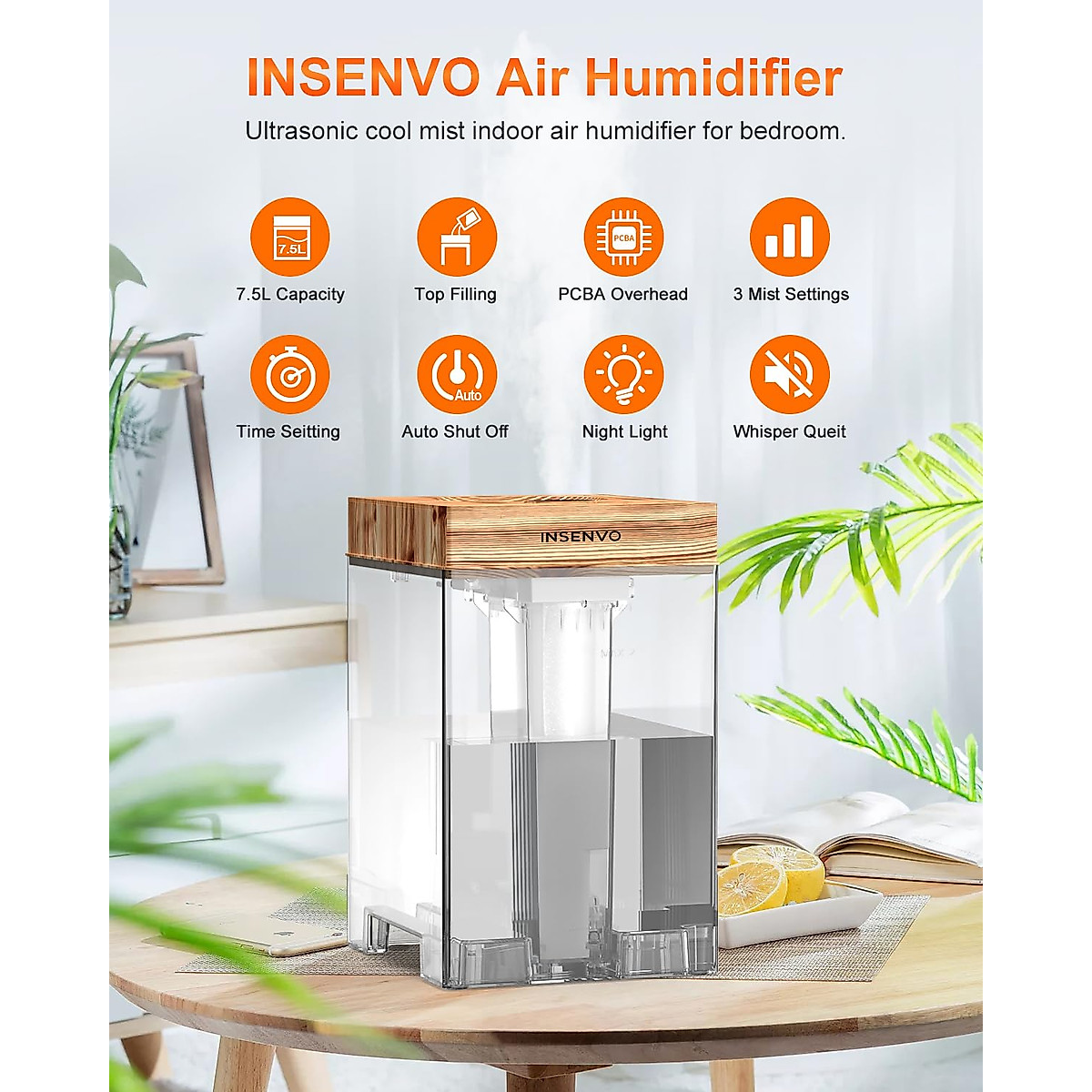 INSENVO Humidifier 7.5L for Bedroom, Anti-leak Design&Top Fill, Ultrasonic Cool Mist Air Humidifers Indoor for Baby&Plants, Disassemble&Clean Easily, Visualized Outlook, Auto Shut-off, Wood Pattern
