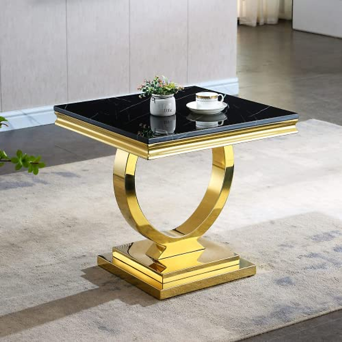 Luxury Real Marble End Table, Modern Mirrored Gold Square Sofa Side Table, Mid Century Elegant End Bedside Table with Stainless Steel Pedestal Base for Living Room Bedroom Couch