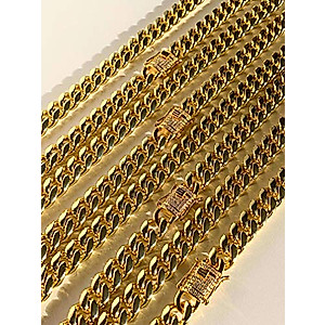 Miami Cuban Link Chain Choker Necklace CZ diamond Lock Real Solid 14K Gold Finish Stainless Steel, Cuban Choker, Cuban necklace, Gold Cuban Chain, 12mm Miami Cuban Link Chain (20)