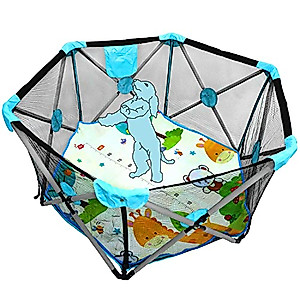HTTMT- Hexagon Safety Playpen Portable Foldable Mesh Playard Infants Baby Toodler Animals Fence w/Travel Bag Nursery Furniture For Indoor Outdoor - Dark Blue