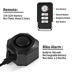 Rupse Rechargeable Bike Alarm with Remote, Motorcycle Alarm System with Motion Sensor, Waterproof 110dB Loud Anti-Theft Alarm Wireless Alarm System Outdoor for Motorcycle Bike E-Bike Scooter Vehicle