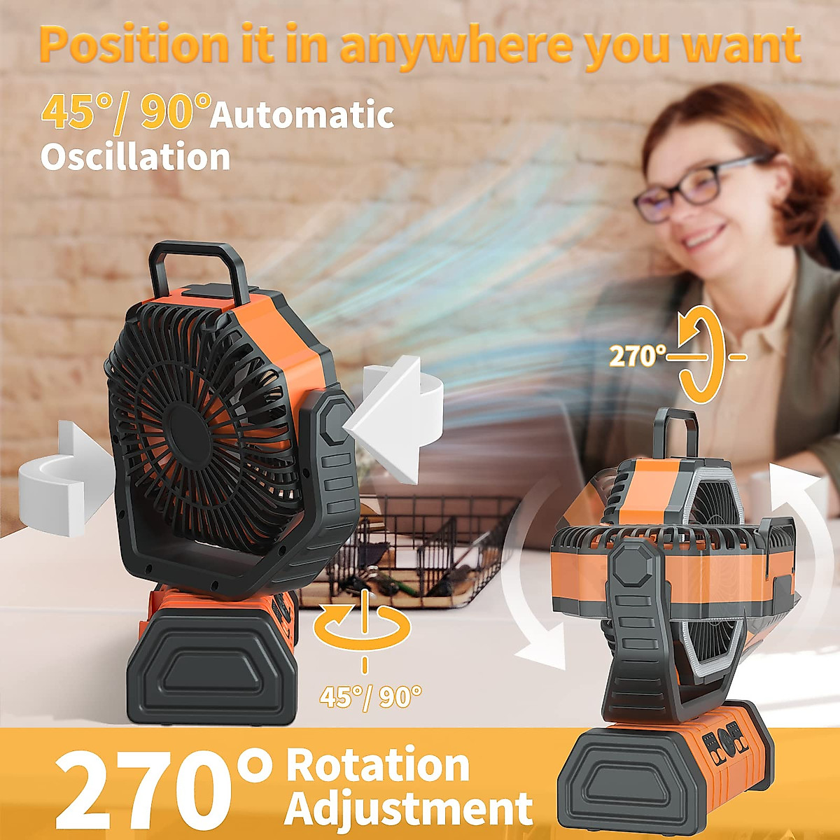 Portable Camping Fan Rechargeable with LED Lantern, 20000mAh Battery Powered Travel Fan with 1-8 Hour Timing Function, 270° Head Rotation, 4 Speeds Settings for Tents, Office, Desk, Camp and Fishing