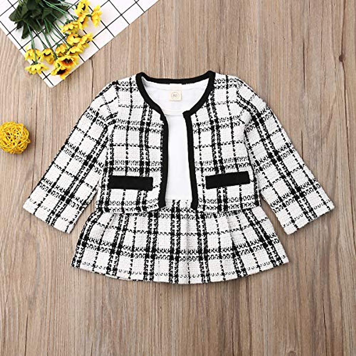 Emmababy 2Pcs Baby Girl Princess Dress Outfit Autumn Winter Warm Clothes Plaid Coat Tops Patchwork O-Neck Tutu Dress Skirt (Black White, 1-2 Years)
