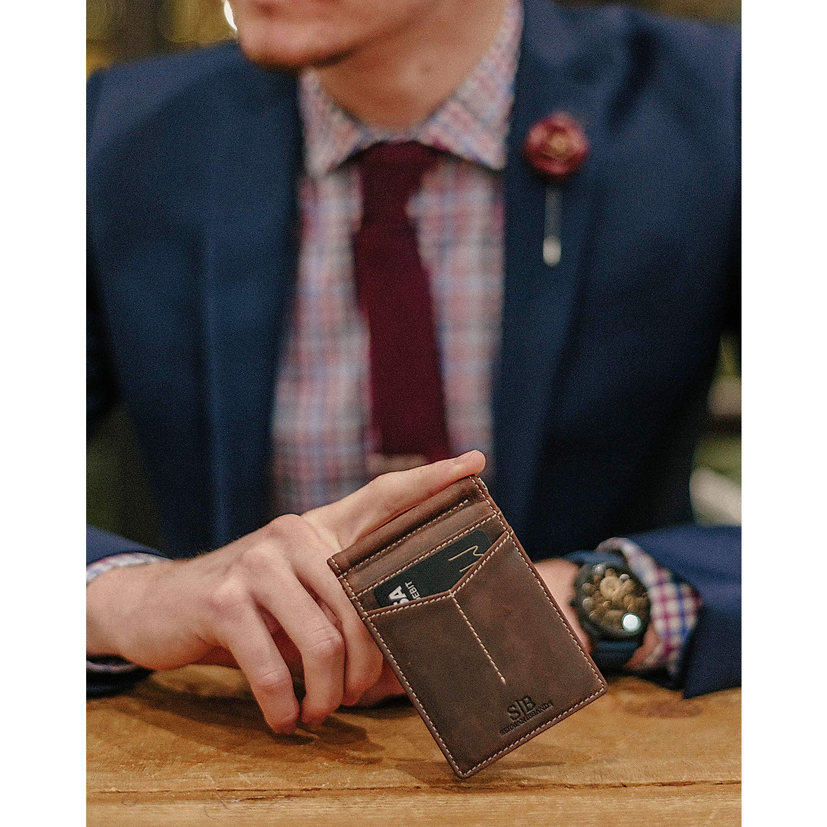 SERMAN BRANDS RFID Blocking Wallet Slim Bifold - Genuine Leather Minimalist Front Pocket Wallets for Men with Money Clip Gift (Texas Brown Rogue)